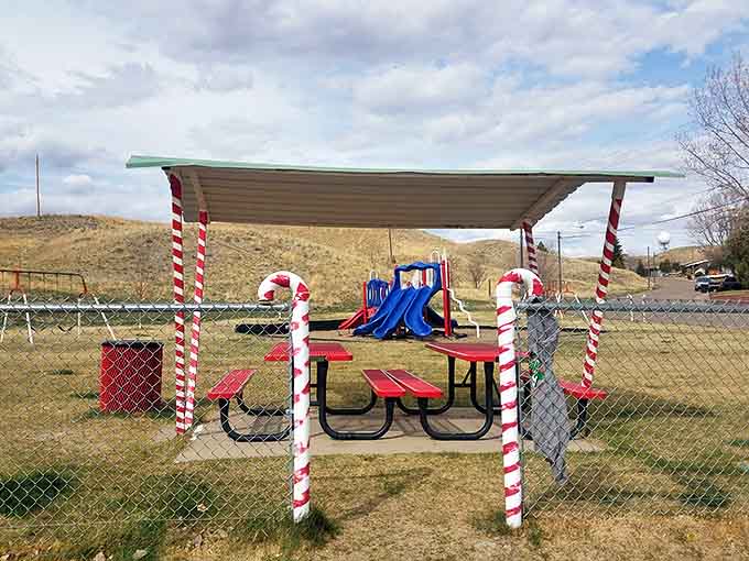 Holiday decorations on prairie picnic shelters&mdash;proof that Montanans make Christmas magic happen even when temperatures disagree with the concept of outdoor dining.