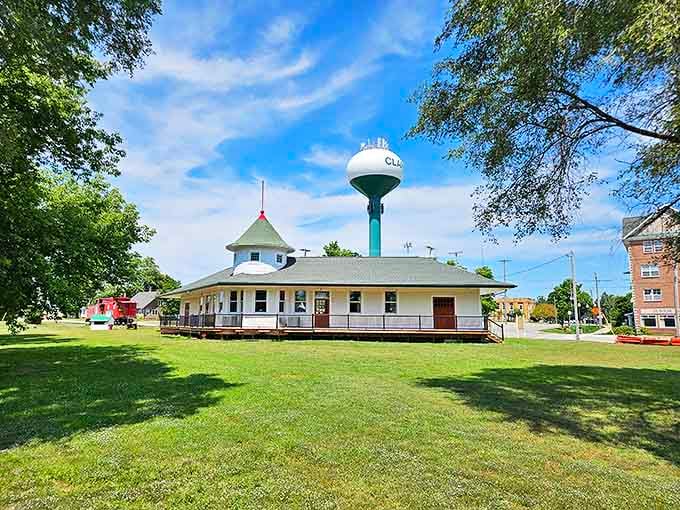 The Clare Depot stands as a picturesque reminder of the town's railroad heritage, with that iconic water tower keeping watch overhead.