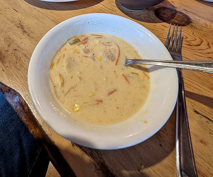 The soup arrives like a warm handshake, creamy and substantial, with vegetables that taste like they were picked this morning.