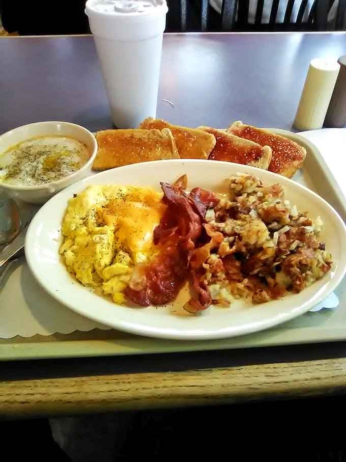Breakfast at Dizzy Whizz isn't just a meal, it's a full-scale production featuring eggs, bacon, hash browns, and toast in perfect harmony.