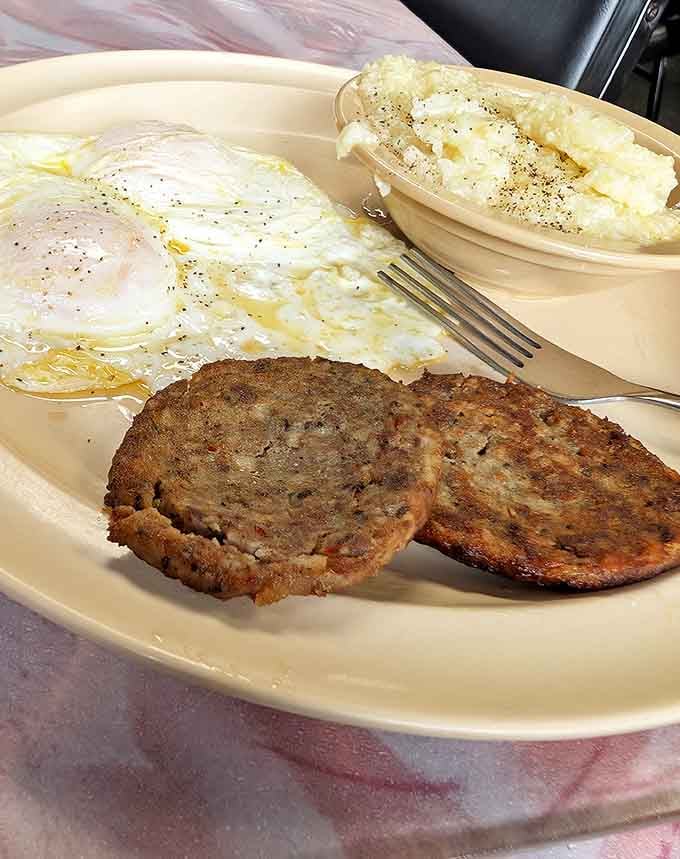 These sausage patties and eggs have the kind of honest simplicity that makes you wonder why anyone bothered inventing molecular gastronomy.