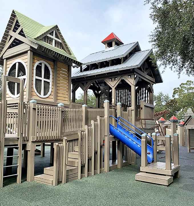 Whimsical wooden towers and slides at Freedom Playground offer children architectural adventures that would make Frank Lloyd Wright jealous.