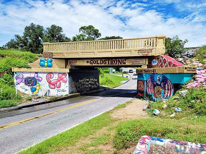 Pensacola's Graffiti Bridge stands as a colorful testament to local expression, where street art gets a legitimate canvas and changes with the community's mood.