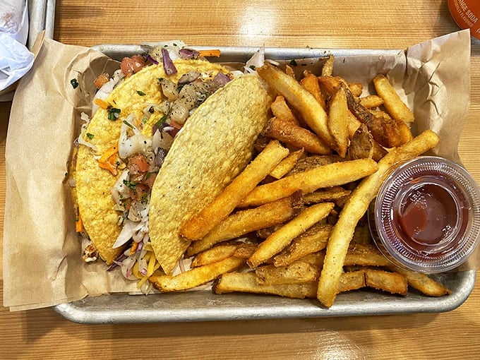 Taco Tuesday meets Alaska's finest catch &ndash; crispy shell, tender fish, and enough fries to make you consider moving to Ketchikan permanently.