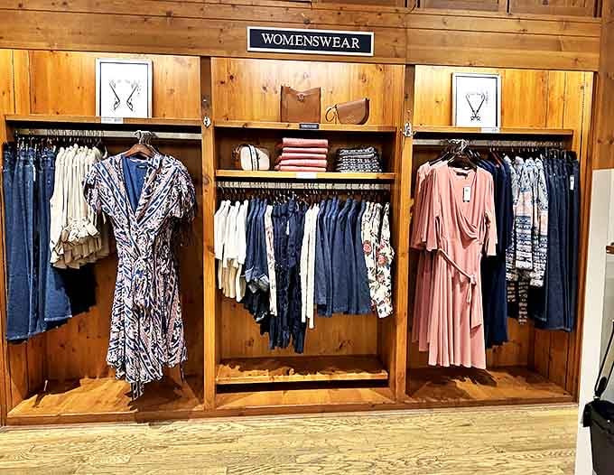 Rustic wooden displays give this women's section a boutique feel &ndash; proof that bargain hunting doesn't have to look like bargain hunting.