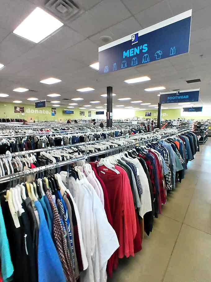 The men's department stretches as far as the eye can see, a kaleidoscope of potential wardrobe upgrades for the fashion-forward frugalista.