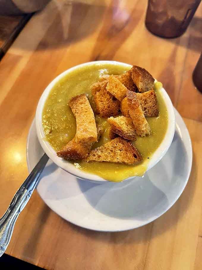 Split pea soup that could convert even the most dedicated soup skeptics, with those homemade croutons playing the perfect supporting role.