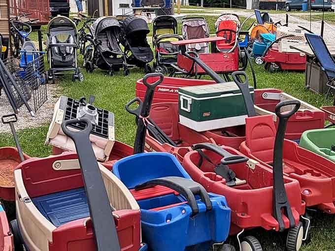 A fleet of gently-used strollers and wagons stands ready for new adventures. Yesterday's Radio Flyers becoming tomorrow's memory-makers for the next generation.
