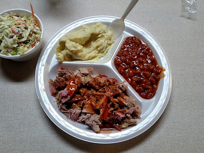 A plate that speaks the universal language of comfort - pulled pork, potato salad, and beans that have clearly been simmering since dawn.