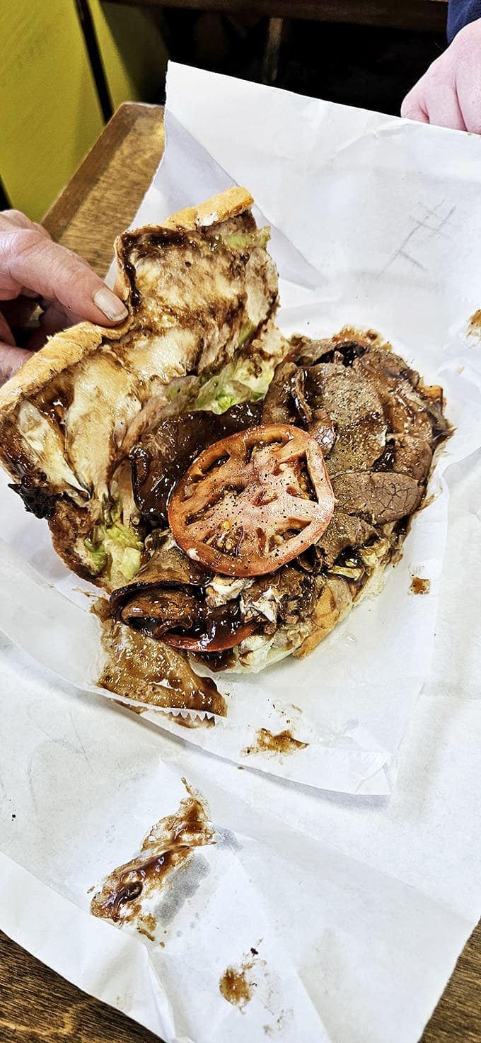 The roast beef po'boy arrives like a beautiful mess&mdash;tender meat, rich gravy, and bread that somehow maintains its integrity.
