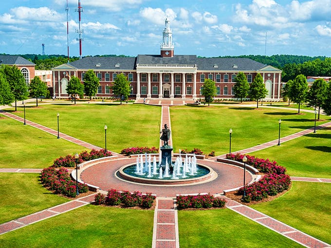 Troy University's quad showcases classic collegiate architecture, with a fountain that's witnessed countless student celebrations and quiet moments of reflection.