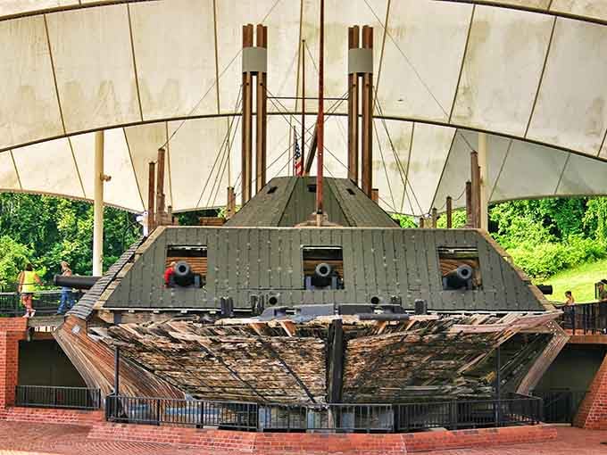 The USS Cairo rests under protective covering, a Civil War time capsule that once patrolled these waters and now educates visitors for a modest admission.