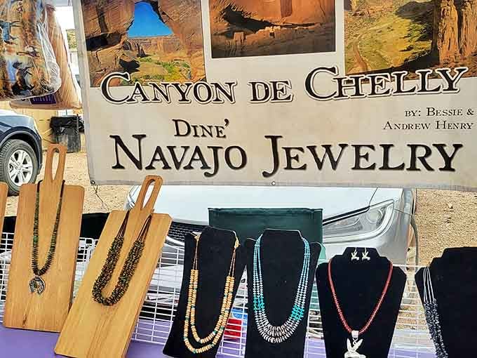 Navajo jewelry displays showcase generations of silversmithing expertise, each piece telling stories through turquoise and sterling that mass-produced accessories never could.