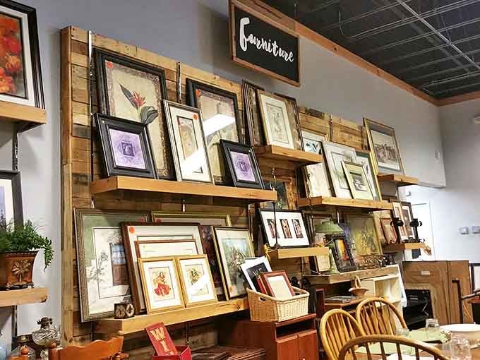 The framed art section offers everything from vintage prints to modern masterpieces, proving one person's decluttering is another's decorating windfall.