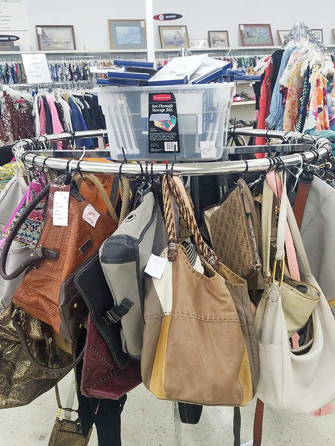 Handbag heaven! Designer dreams hang alongside practical purses, each with a previous life and ready for a new adventure.