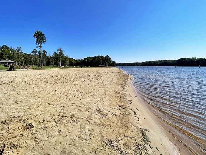 Sandy shores meet crystal waters at Jimmie Davis State Park's beach. Who needs the Gulf when paradise is hiding in north Louisiana?