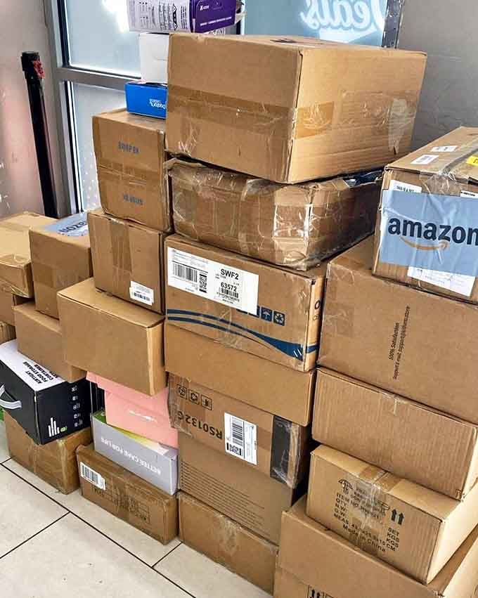 The cardboard mountain of possibility. Amazon boxes and other shipments await their turn to become someone's "you'll never believe what I found" story.