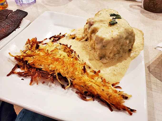 This isn't just breakfast—it's architecture. Layers of morning comfort stacked with the precision of a savory breakfast lasagna that defies gravity.