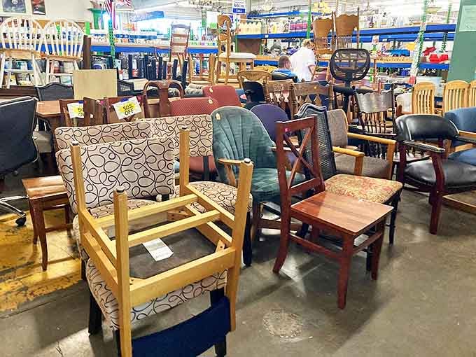 The chair convention has arrived! Every style from "formal dining" to "college apartment chic" makes an appearance in this wooden wonderland.