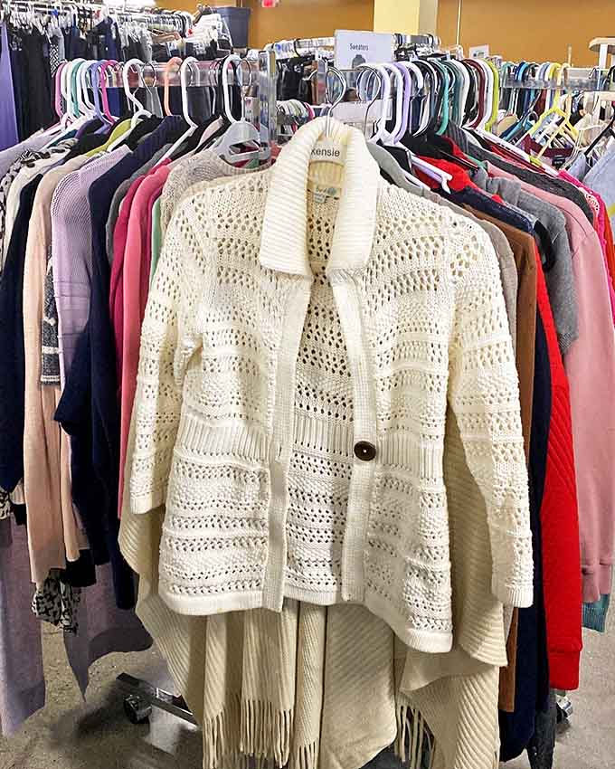 The clothing section transforms fashion victims into vintage victors with racks of carefully curated second-hand style.