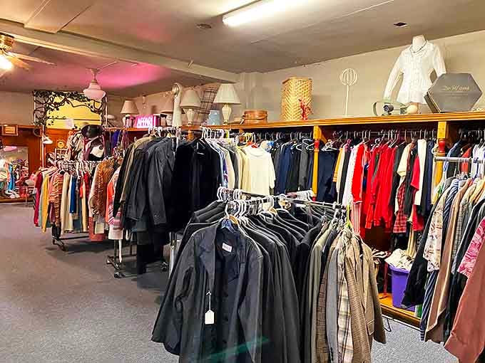 The vintage clothing section: where fashion goes to be reborn. These racks contain more authentic style than a dozen modern department stores.