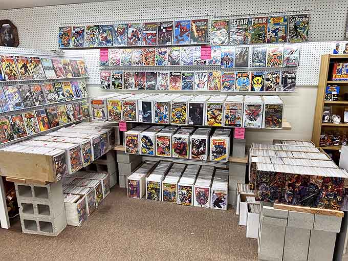 Comic book heaven! Where Superman, Batman and Spider-Man hibernate in plastic sleeves, preserving childhood adventures for collectors young and old.