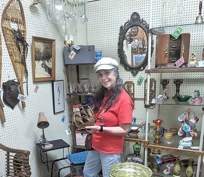 The shop displays an impressive array of vintage items, from snowshoes to ornate mirrors—each piece waiting for its next chapter.