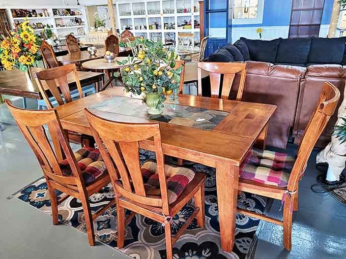 Dinner party ready without the dinner party price. This solid wood dining set with character-filled chairs could host your family gatherings for generations to come.