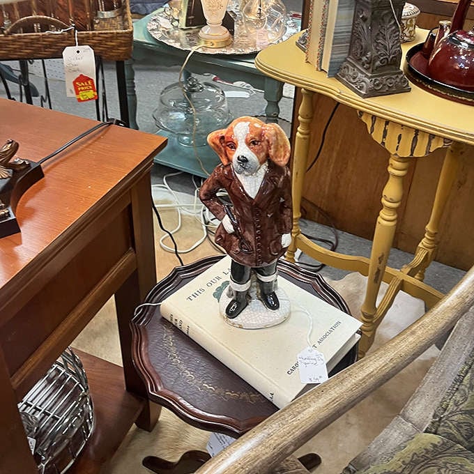 The distinguished gentleman in canine form. This ceramic pup in leather jacket has more personality than most dating app profiles.