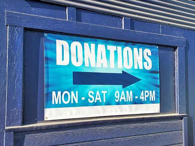 The donation hours sign&mdash;the backstage door to this theater of second chances where yesterday's extras become tomorrow's stars.