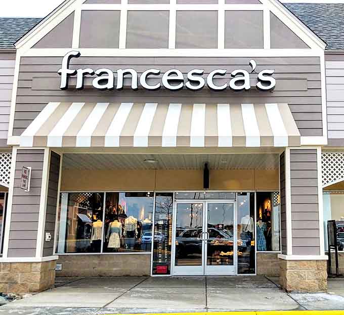 Francesca's boutique welcomes shoppers with its distinctive striped awning and promise of unique finds that won't have you playing fashion twin with neighbors.