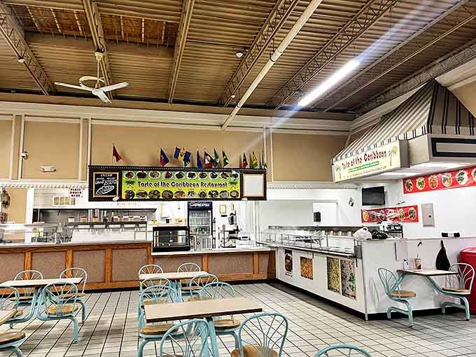 The market's food court offers Caribbean flavors that transport you to island time without the airfare. Those turquoise chairs are calling my name.