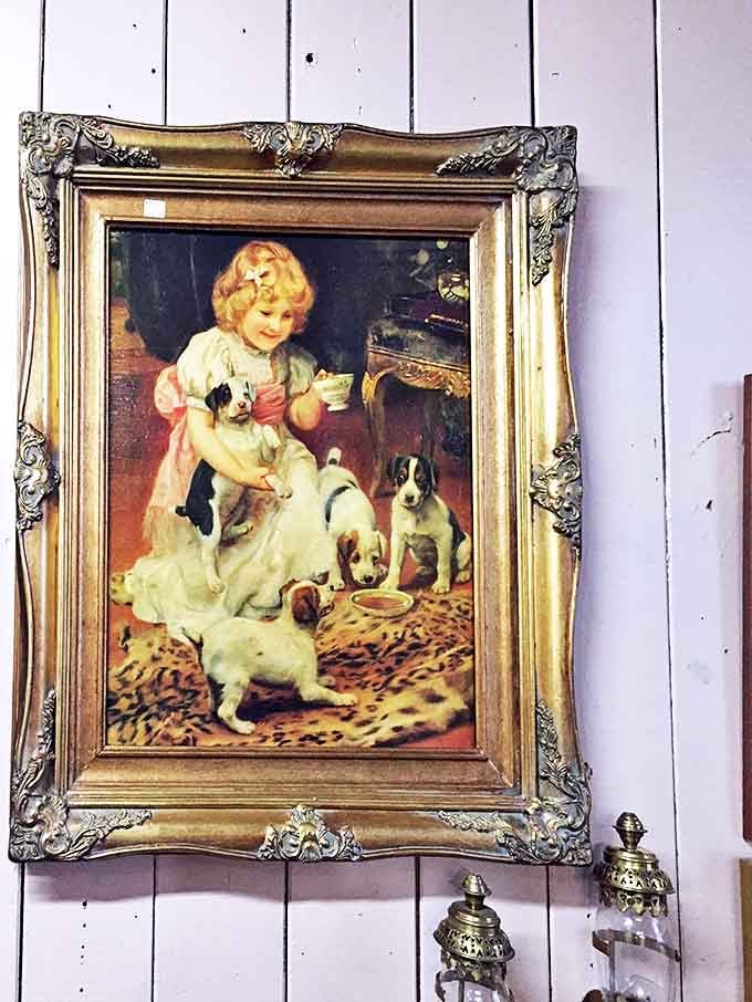 A golden-framed glimpse into childhood's golden age, when puppies and tea parties were life's greatest pleasures. Some things never change.