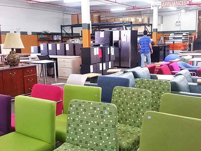 A rainbow of upholstery creates a color-block landscape. That lime green chair is either a designer's dream or your spouse's nightmare.