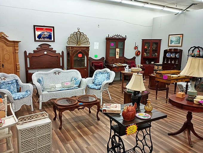 The furniture section resembles a living room museum where every era gets equal representation. That wicker set has hosted more imaginary tea parties than most real ones.