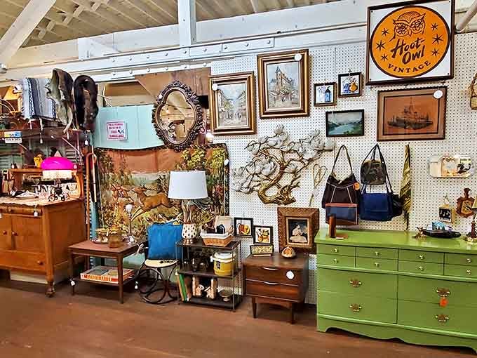 A mid-century dresser in that perfect shade of green sits ready for its second act in someone's carefully curated home.