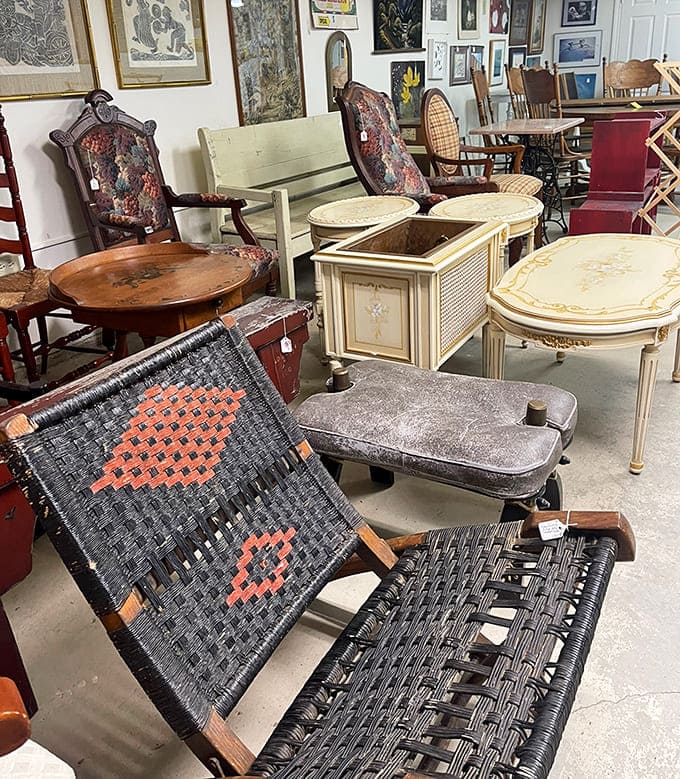 A furniture collector's fever dream &ndash; from woven camp chairs to elegant painted tables, each piece silently whispering stories of dinners past.