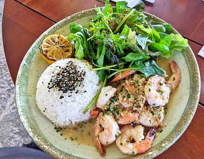 Garlic shrimp so perfectly cooked they practically dance on the plate, nestled beside rice that's ready to soak up all that buttery goodness.