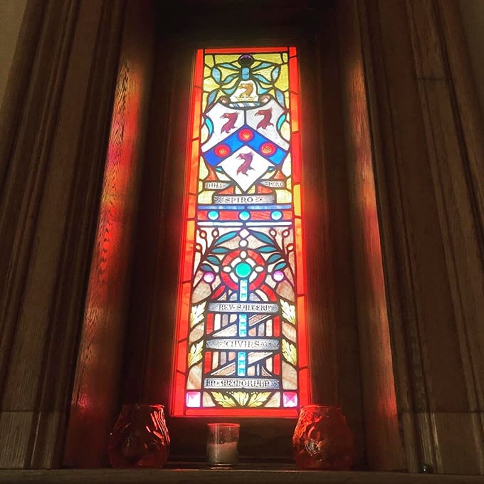 Stained glass worthy of a king's chapel casts jewel-toned light through the castle's interior&mdash;no dragon-slaying depicted, unfortunately.