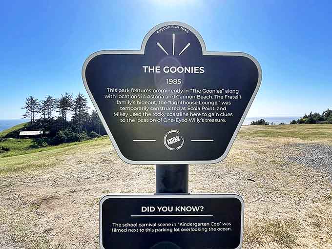 Hollywood history meets natural splendor &ndash; this marker reminds us that the Goonies weren't the only ones searching for treasure here. The real gold is the view.