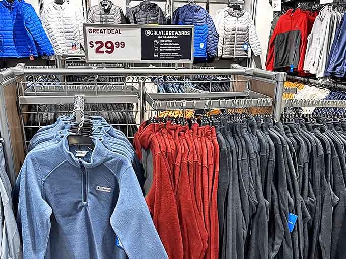 Patagonia's rainbow of fleece and puffers stands ready for New England weather's mood swings. That $29.99 tag is the real warmth you're feeling.