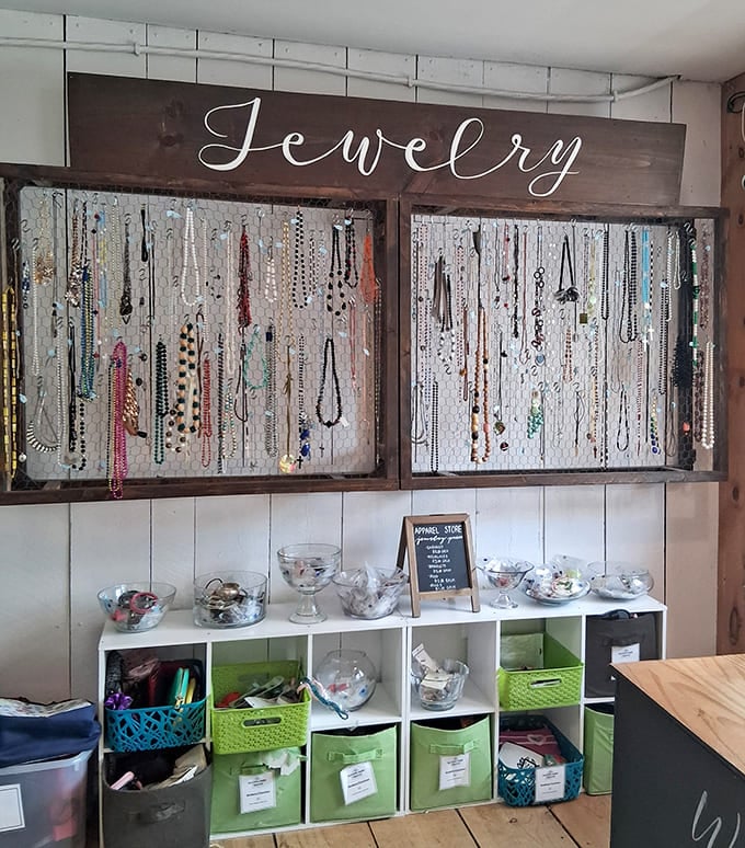 The jewelry display transforms secondhand necklaces into an art installation&mdash;proof that organization itself can be beautiful.