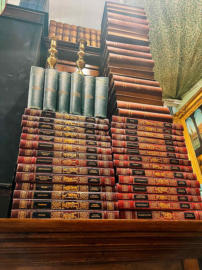These aren't just books&mdash;they're leather-bound time machines arranged with the precision of a literary Tetris champion.