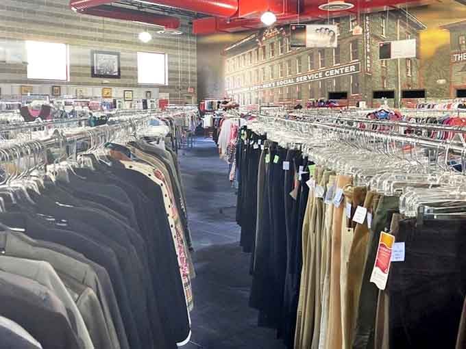 The men's department rivals any department store for selection. Dress shirts and slacks hang with military precision, ready for their second act.