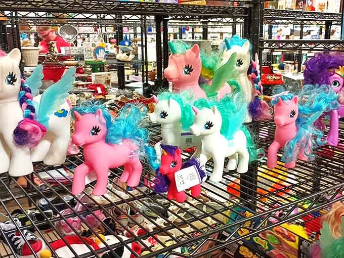 A colorful herd of nostalgic ponies stands ready for adoption. These '80s and '90s plastic treasures are someone's childhood memories waiting to be rediscovered.