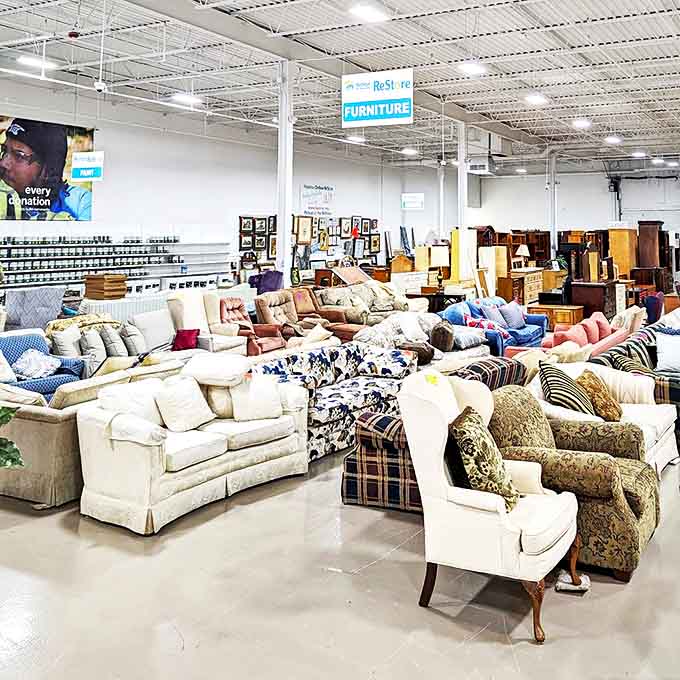 The sofa section resembles a living room convention, where floral patterns and neutral tones compete for the chance to come home with you.