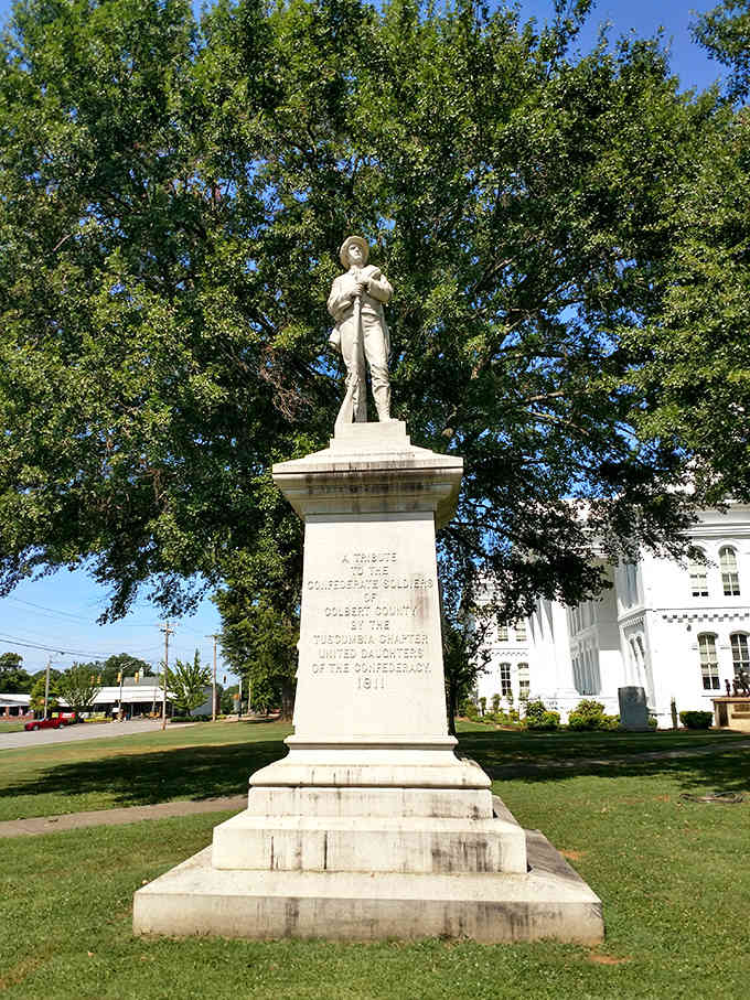 Standing tall through Alabama sunshine and rain, this Confederate memorial represents a complex chapter in Southern history that the town acknowledges rather than erases.