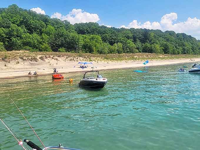 Boaters find their slice of paradise along Grand Mere's shoreline. That water clarity isn't Photoshop&mdash;it's pure Michigan magic that rivals Caribbean blues.