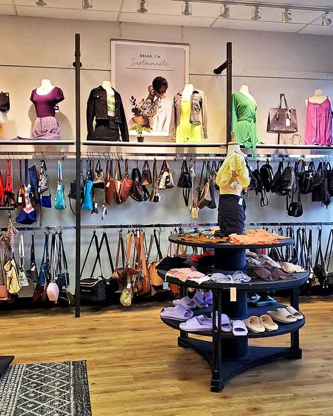 Hello, I'm Sustainable isn't just a sign &ndash; it's the store's philosophy. Handbags and outfits await their second chance at fashion glory.