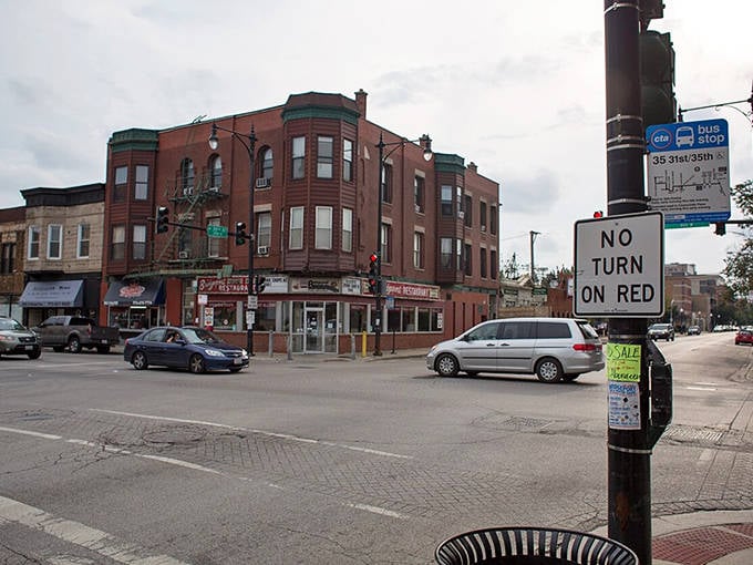 Bridgeport's main street showcases classic Midwestern architecture with distinctive brick facades. The weathered buildings tell stories of simpler times.